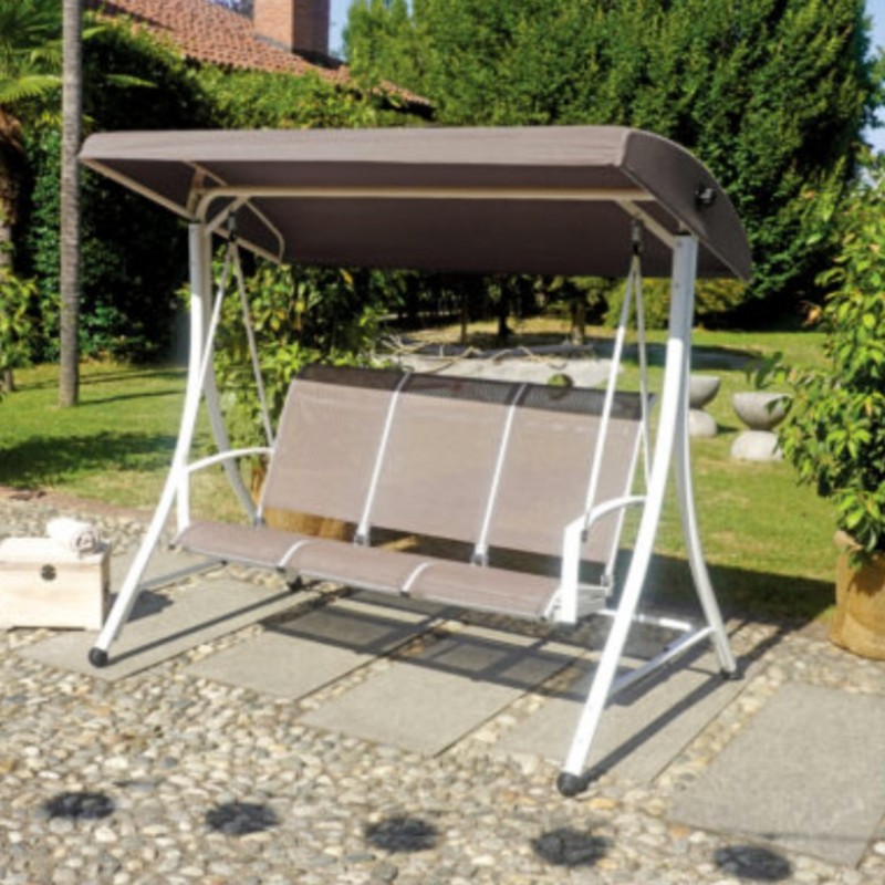 ---Dondolo da giardino 3 posti bianco con tettuccio tortora