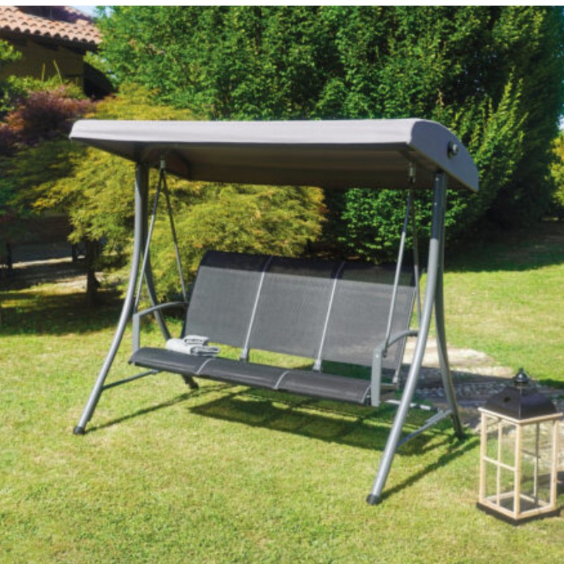 ---Dondolo da giardino 3 posti in alluminio con tettuccio grigio